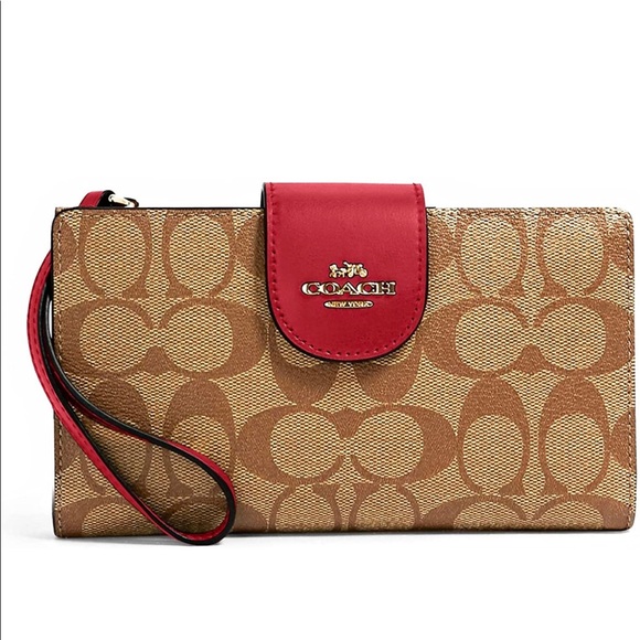 Coach | Bags | Tech Phone Wallet In Signature Logo Khaki Cherry | Poshmark